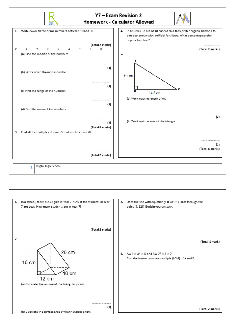 Homework - Y7 Exam Revision20 | PDF | Triangle | Euclidean Plane Geometry
