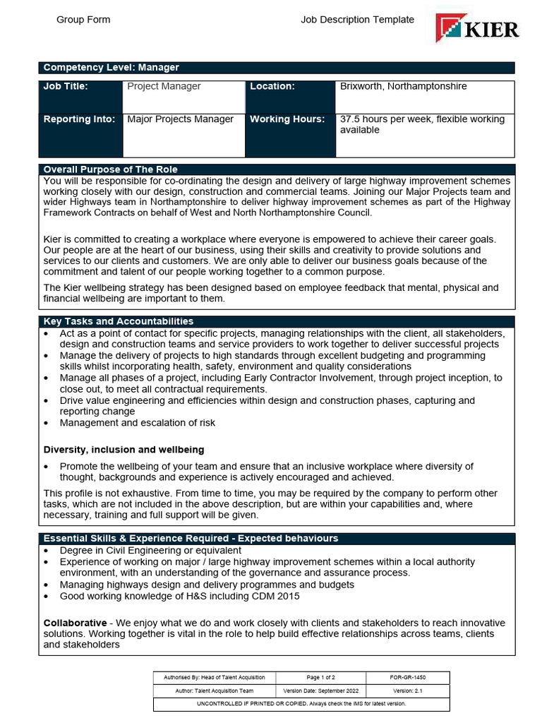 Job Description - Project Manager - Major Projects - Northamptonshire ...