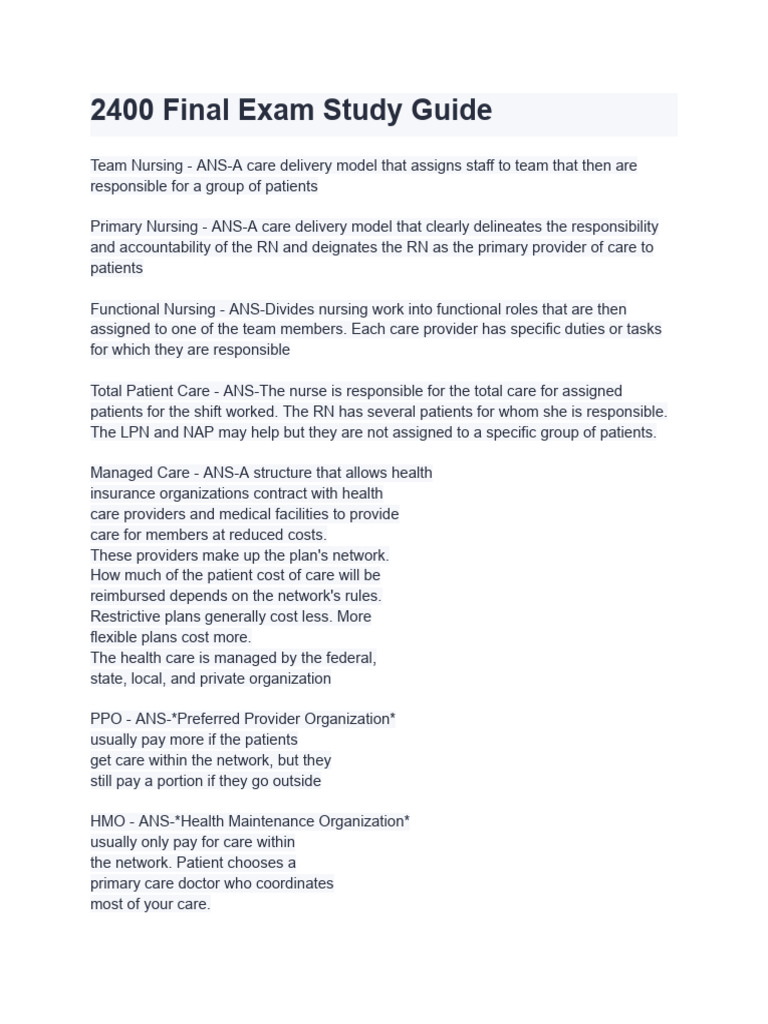 2400 Final Exam Study Guide | PDF | Nursing | Health Maintenance Organization