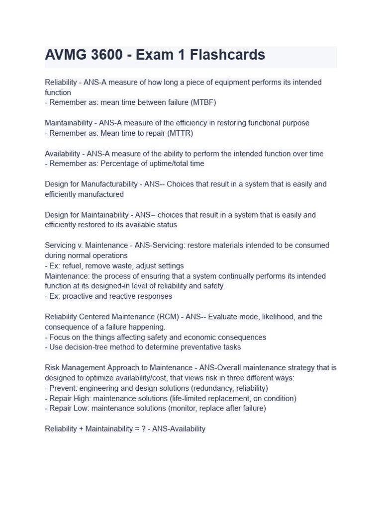 AVMG 3600 - Exam 1 Flashcards | PDF | Reliability Engineering ...