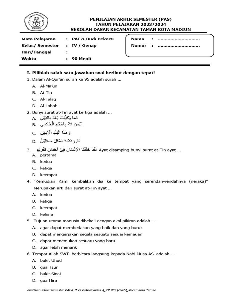 SOAL PAS PAI Kelas 4 TP. 2023-2024 | PDF