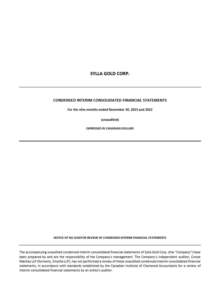 Sylla Gold Corp. Q3 2023 Financials | PDF | Fair Value | International ...