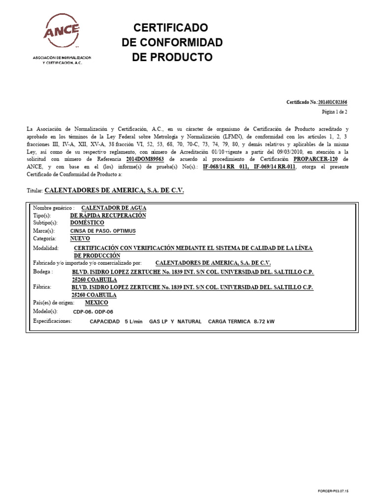 Cinsa de Paso CDP-06 LP Nom-003-Ener-2011 | PDF