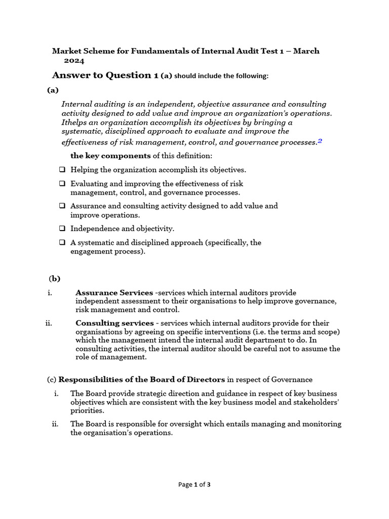 Marking Scheme For ACC 3305 - INTERNAL AUDIT TEST 1 MARCH 2024 | PDF ...