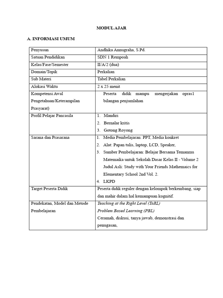 Draft Modul Ajar Siklus 1 | PDF