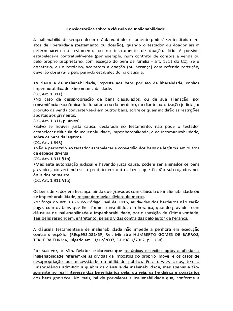 Cláusula de Inalienabilidade: Aspectos Legais | PDF | Testamento ...