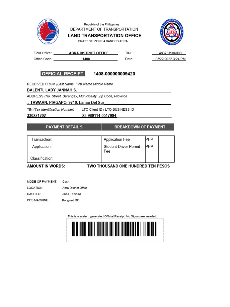 LTO Official Receipt for Student Permit | PDF | Finance & Money ...