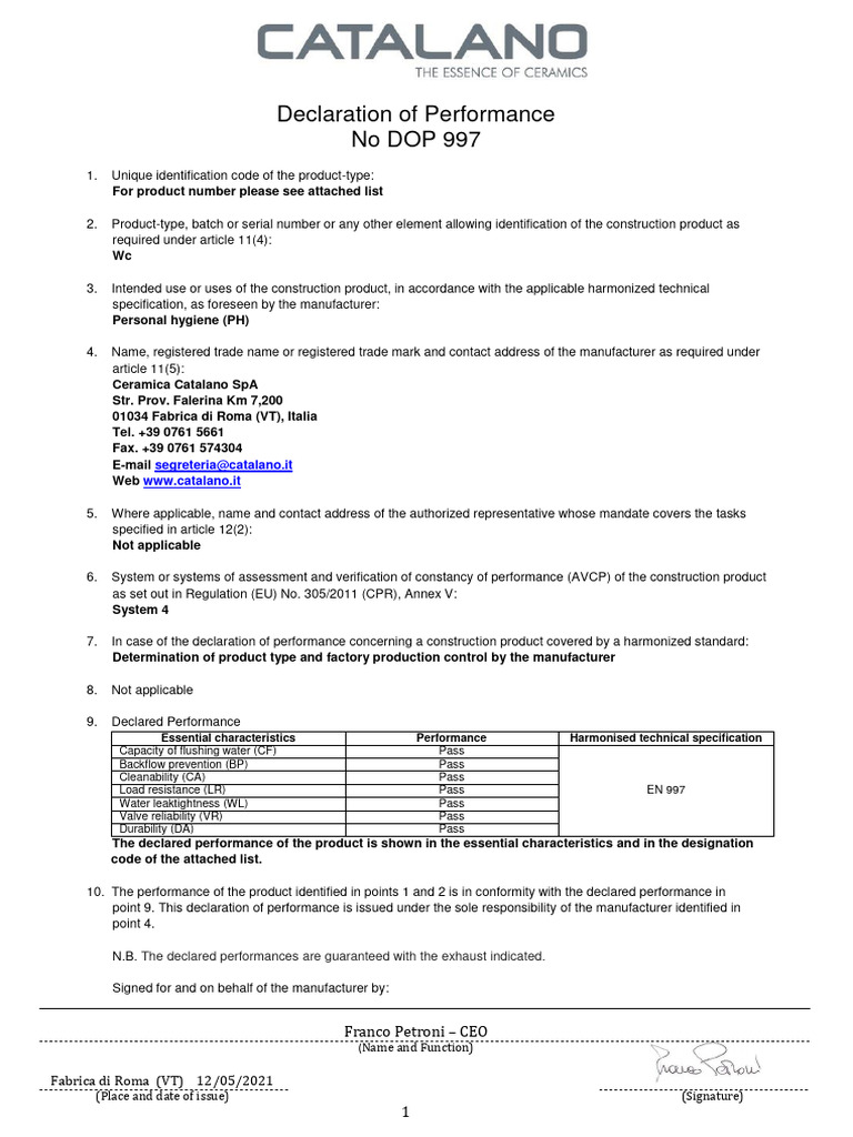 Declaration of Performance WC | PDF