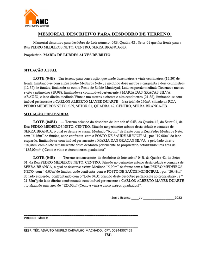 Modelo de MEMORIAL DESCRITIVO DO DESDOBRO de Lote | PDF