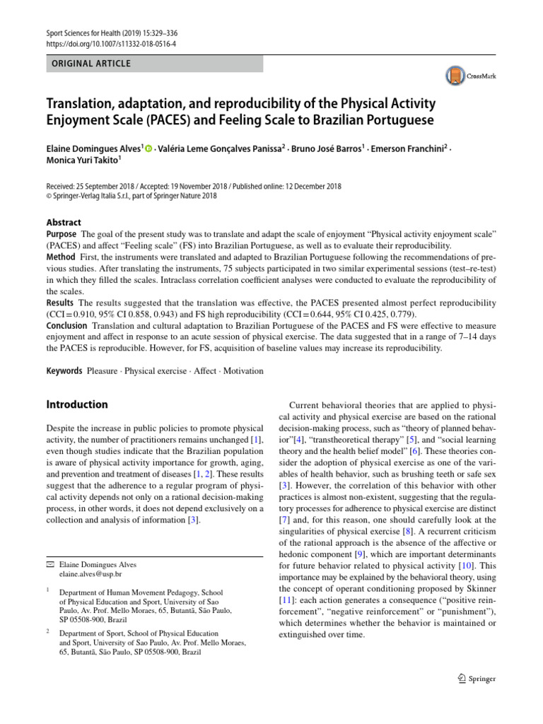 PACES Translation, Adaptation, and Reproducibility of The Physical Activity Enjoyment Scale and ...
