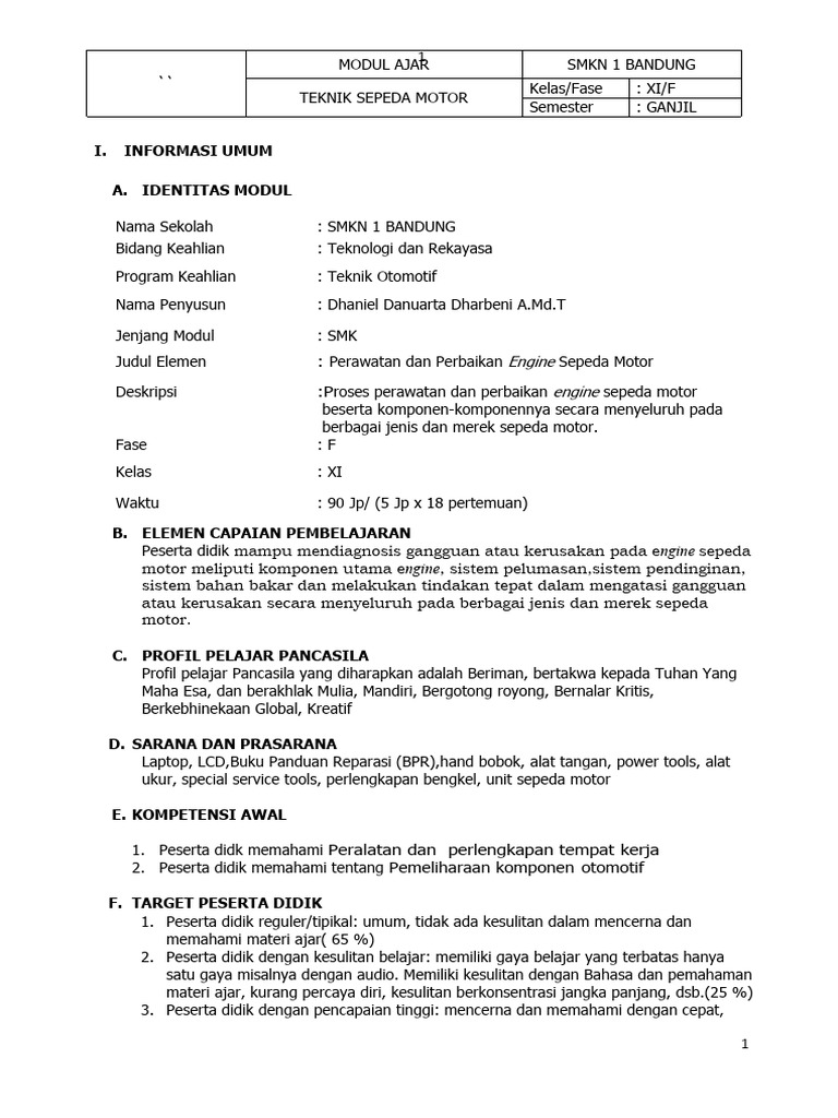 Praktek - MODUL AJAR Perawatan Dan Perbaikan Engine Sepeda Motor | PDF | Seni