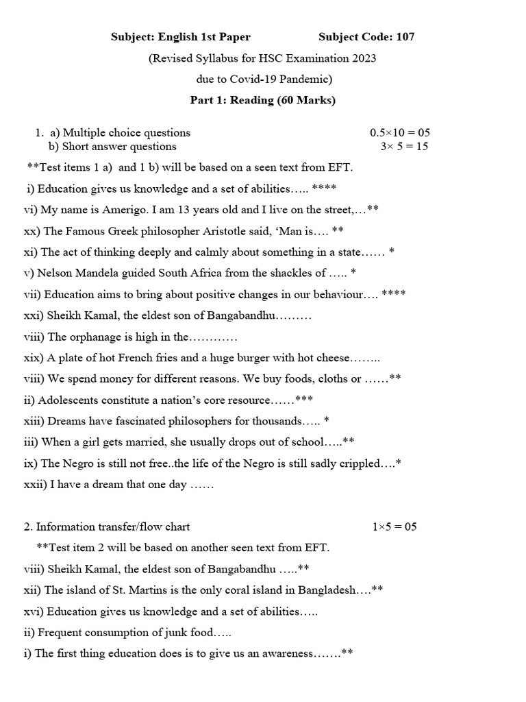 HSC-2024 English First Paper Final Suggestion | PDF | Travel