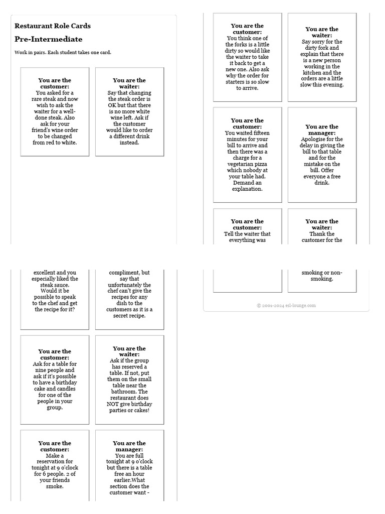 Restaurant Role Cards | PDF | Waiting Staff | Restaurants