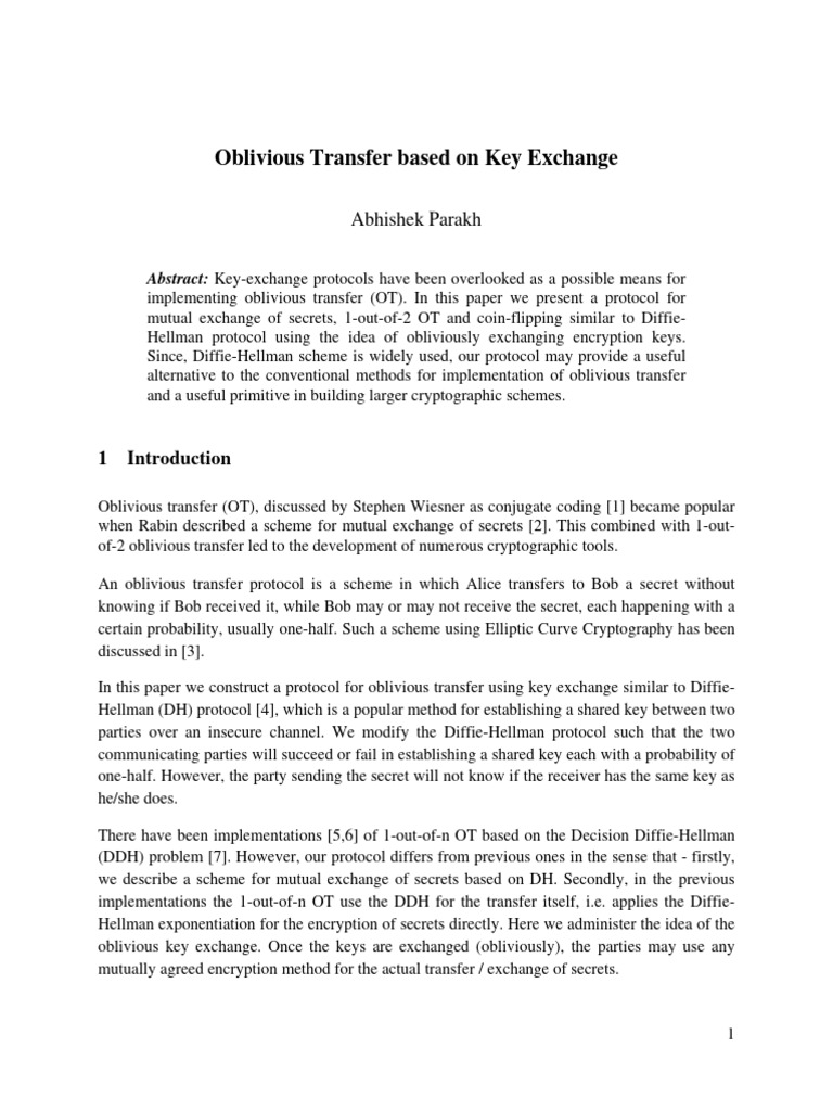 Oblivious Transfer Based On Key Exchange | PDF | Cryptography | Secrecy