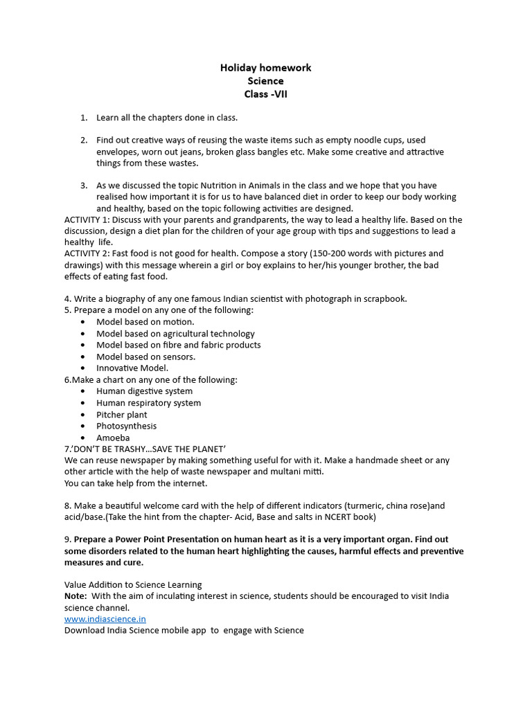 Class VII Science Holiday Homework | PDF
