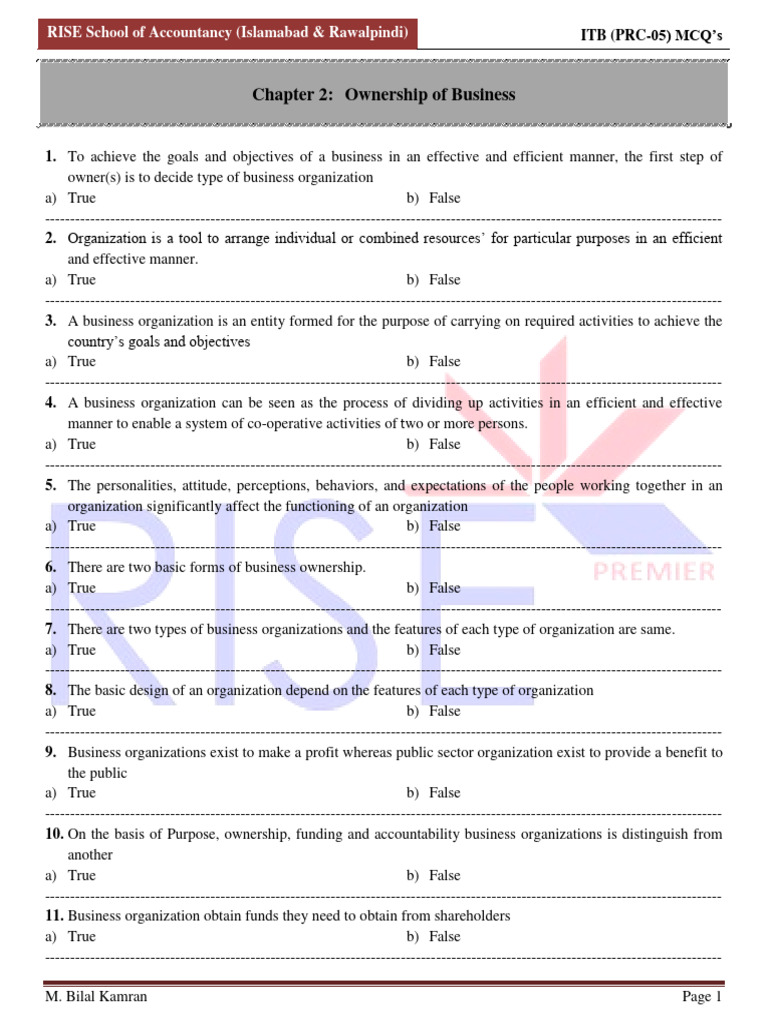 ITB - Chapter 2 (MCQ'S) | PDF | Partnership | Sole Proprietorship
