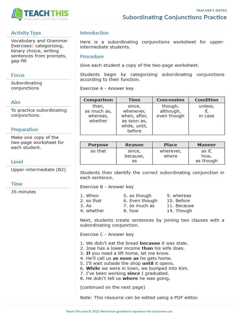 Subordinating Conjunctions Practice-3 | PDF | Grammar | Linguistics