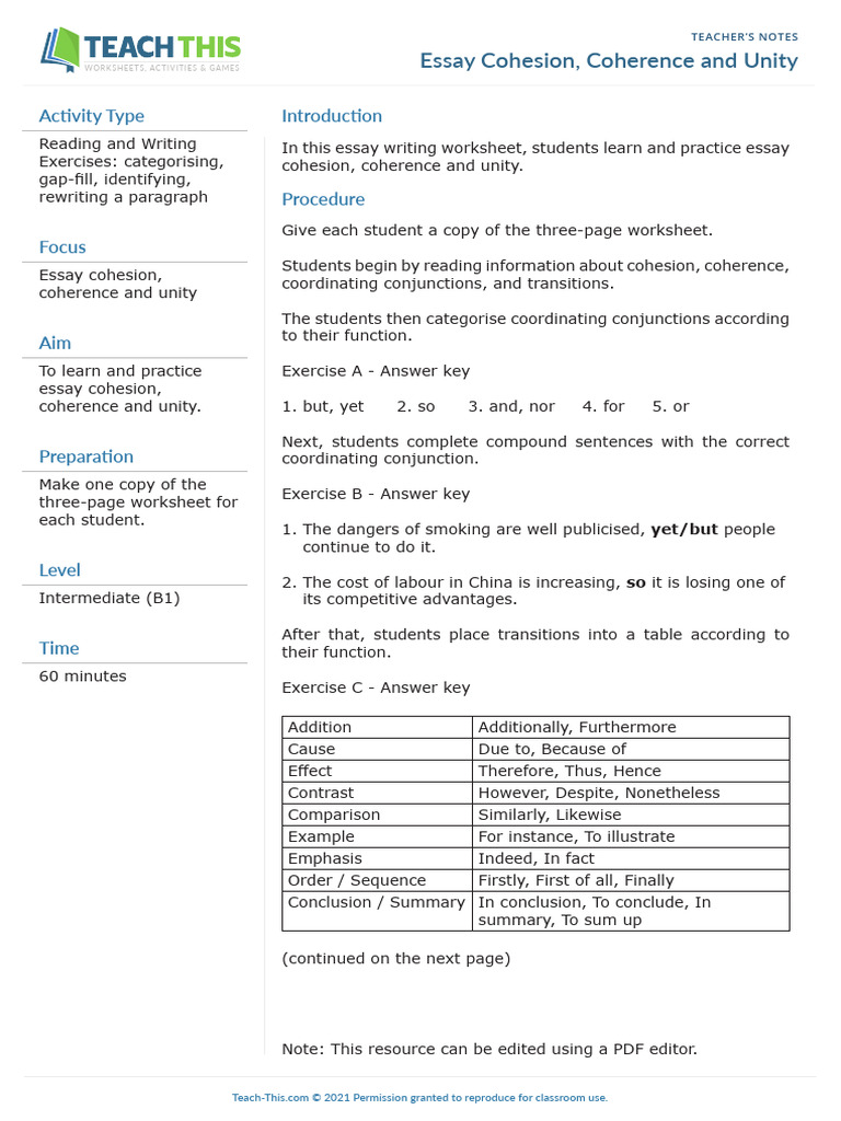 Essay Cohesion Coherence and Unity Worksheet | PDF | Password | Malware