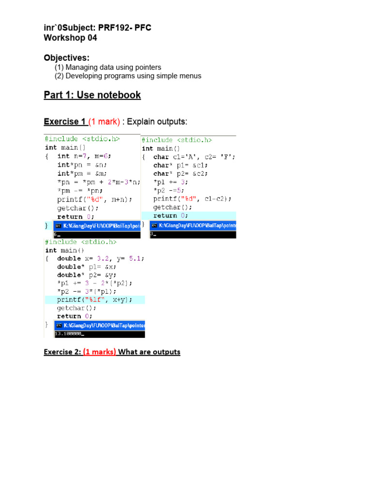 Workshop04 | PDF | Menu (Computing) | Pointer (Computer Programming)