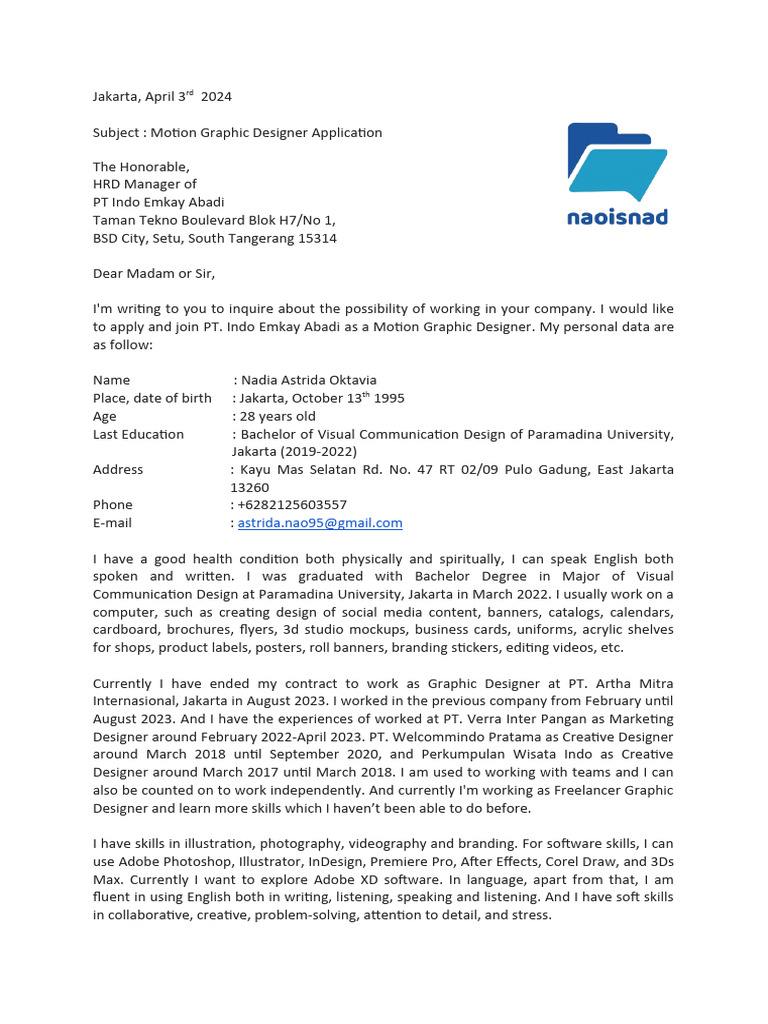 Cover Letter Nadia Astrida To Emkay | PDF | Computing