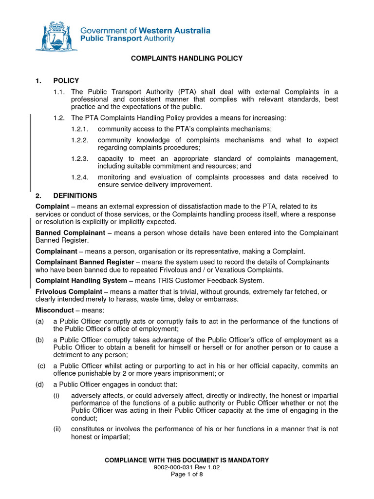PTA Complaints Handling Policy Guide | PDF | Complaint | Vexatious ...