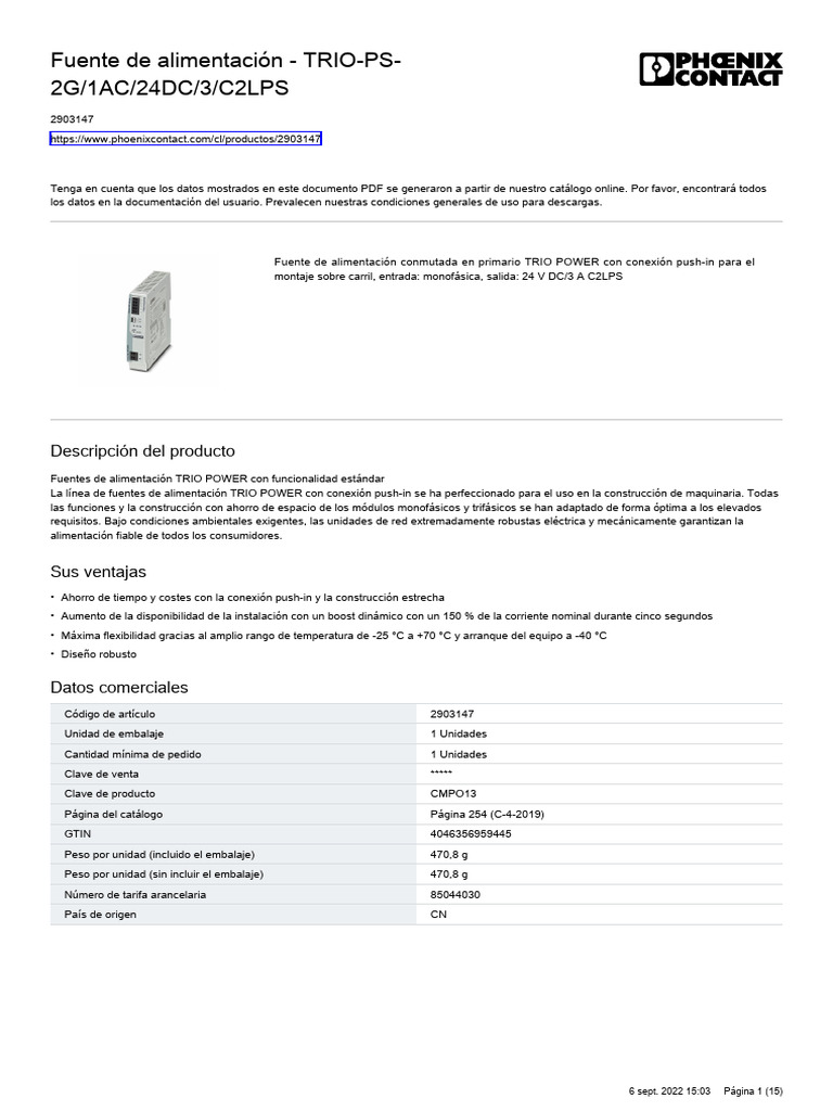 Hoja de Datos Phoenix Contact 2903147 | PDF | Fuente de alimentación ...