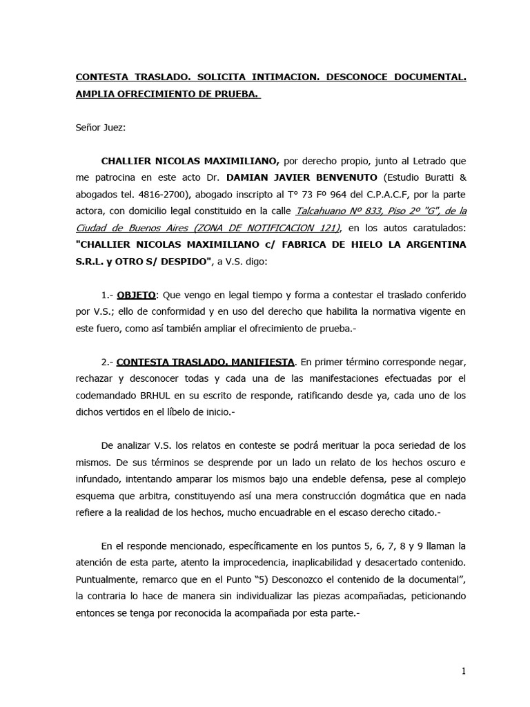 CHALLIER C FABRICA - Contesta Traslado | PDF | Salario | Empleo