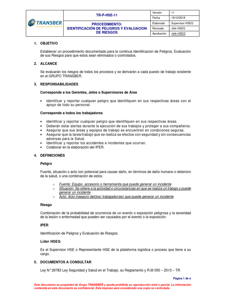 TR-P-HSE-11 Procedimiento IPER Ver 11 | PDF | Riesgo