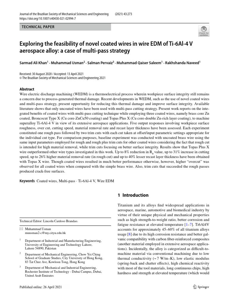 Exploring The Feasibility of Coated Wires in Wire EDM of Ti-6Al-4V ... Exploring The Feasibility of Coated Wires in Wire EDM of Ti-6Al-4V ...