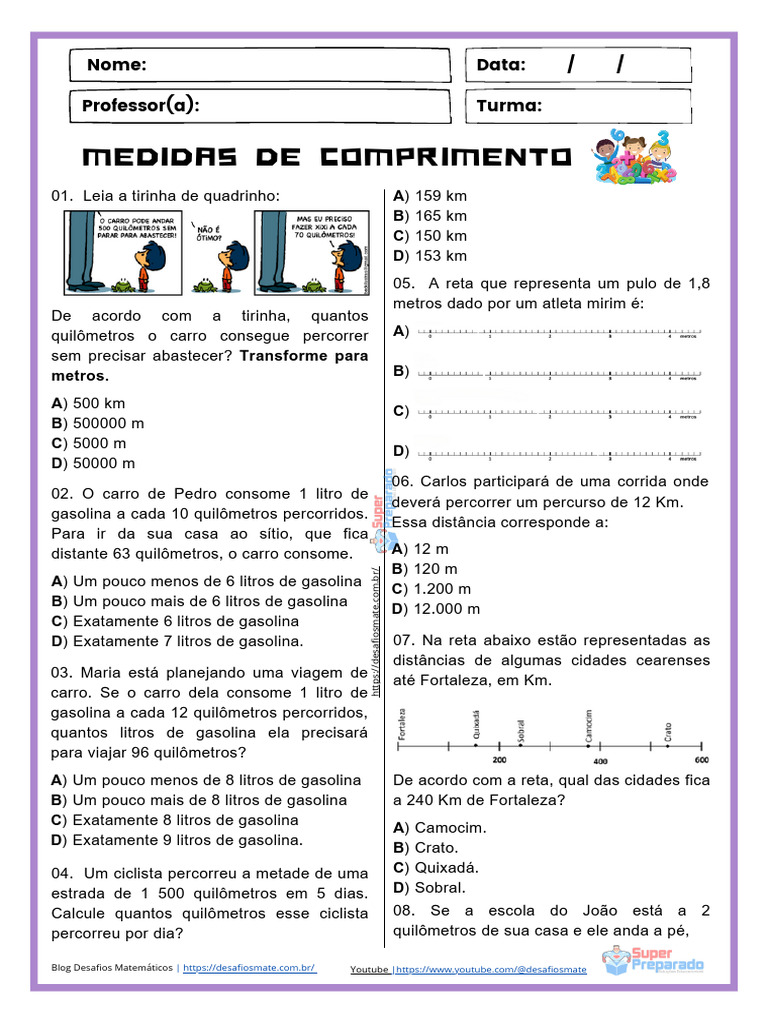Atividade de Medidas de Comprimento para 5º Ano | PDF | Metro | Metrologia