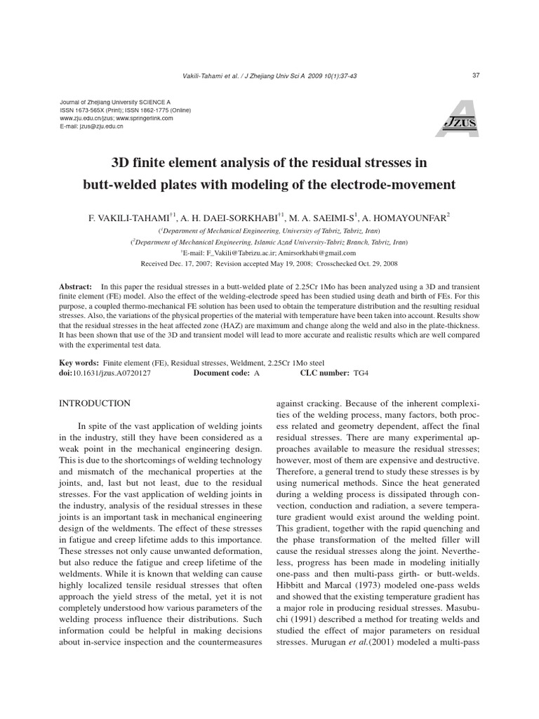 3d Finite Element Analysis Of The Residual Stresses In Butt Welded