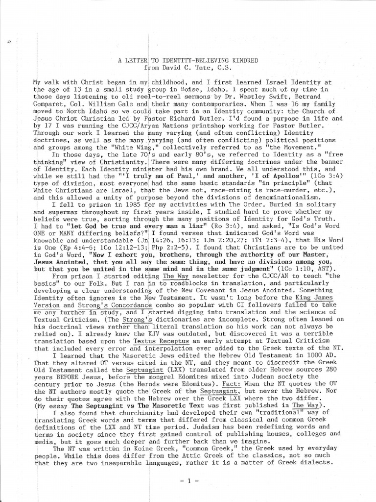A Letter From David Tate To Identity Christians 1&2 | PDF