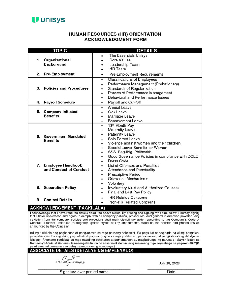 UMSC HR Orientation Acknowledgment Form (Outlet Based) - v2.0 Jopay | PDF | Labor | Labor Relations