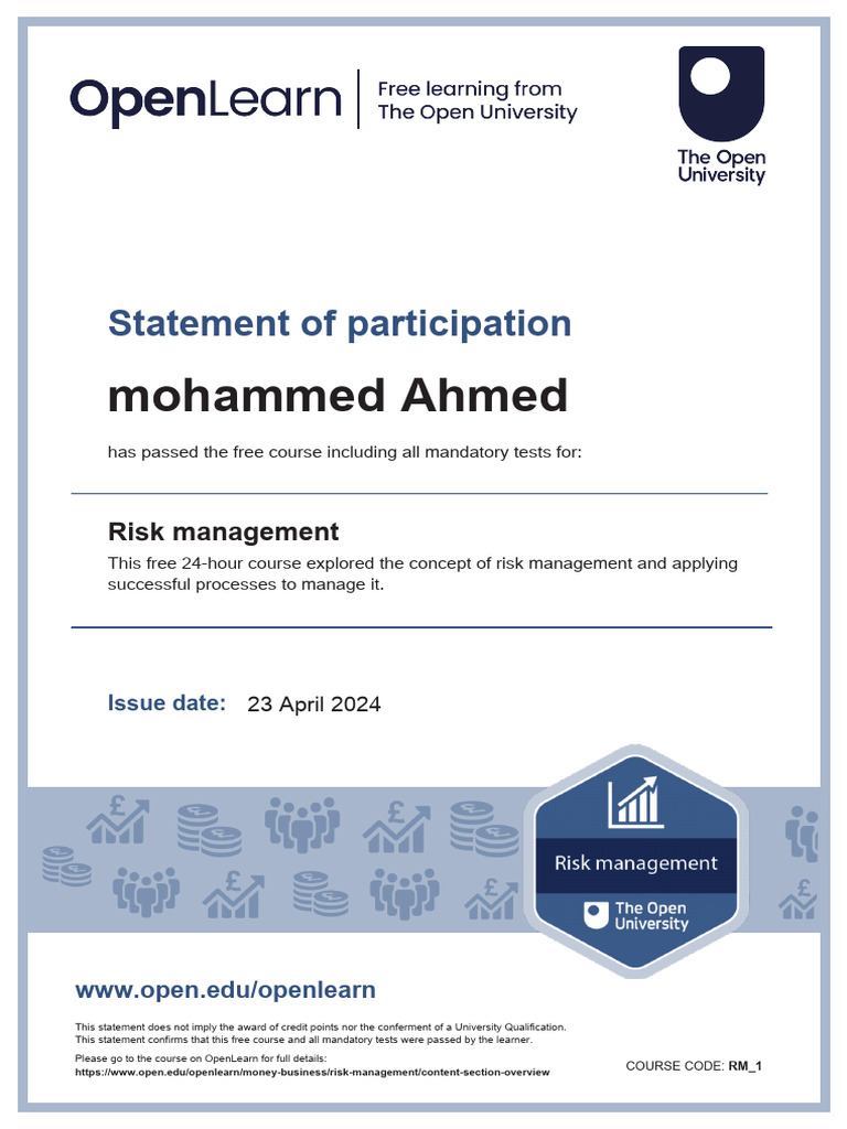 RM 1 Statement | PDF | Risk Management | Risk