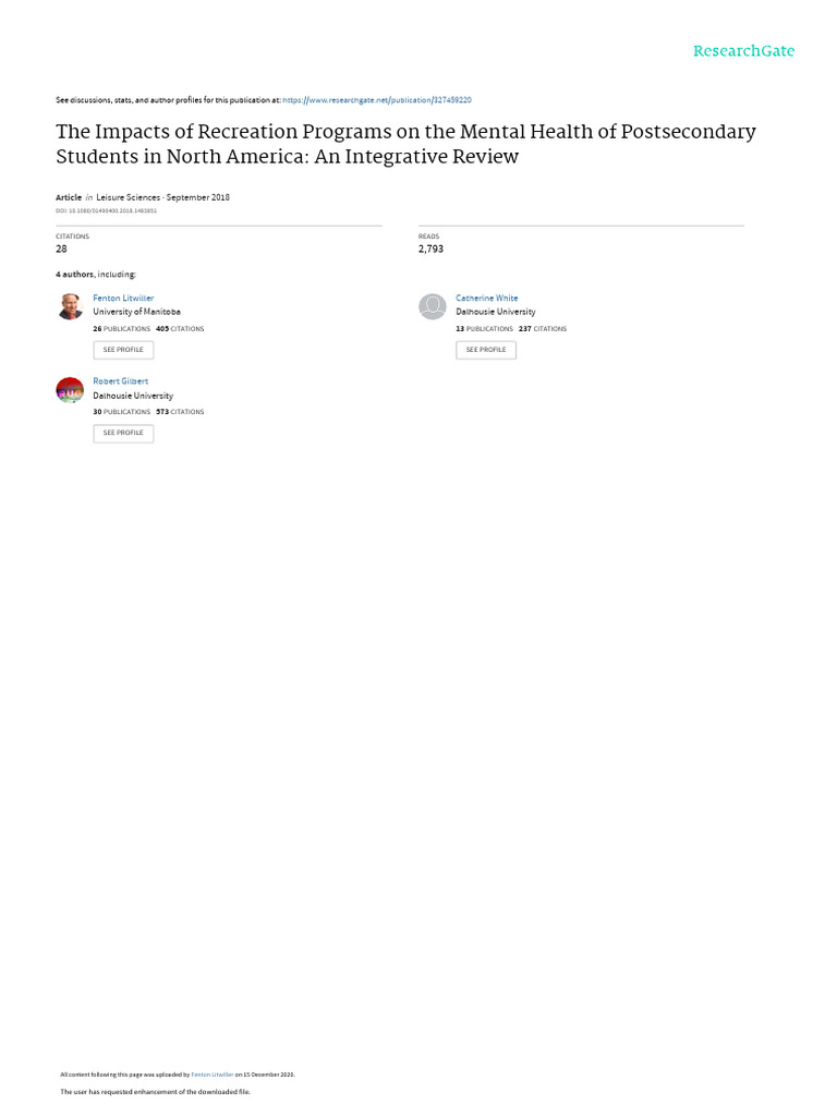 The Impacts of Recreation Programs On The Mental Health of Postsecondary Students in North ...