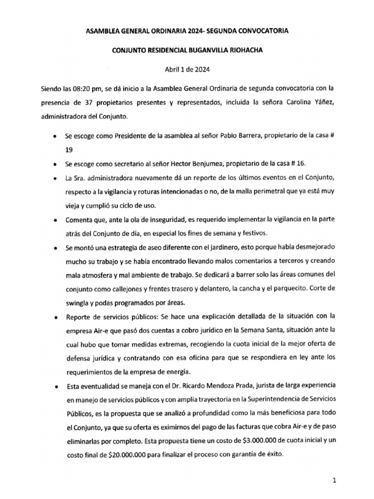 Acta Asamblea General Ordinaria 2024-Segunda Convocatoria | PDF