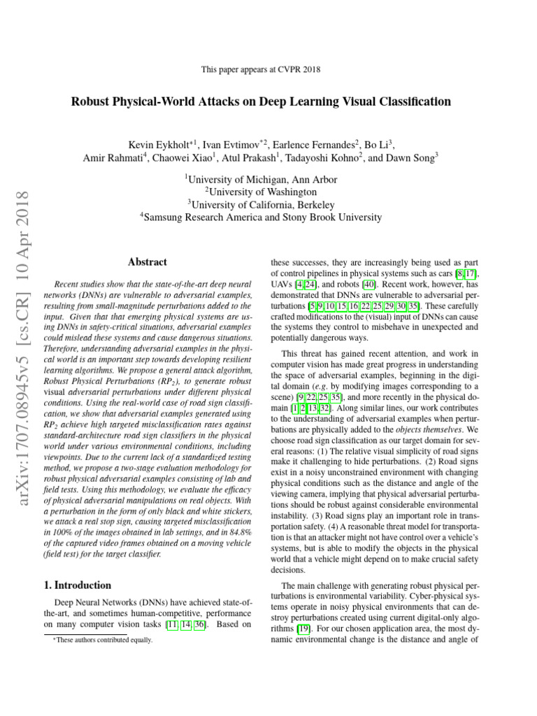 Robust Physical-World Attacks On Deep Learning Visual Classification | PDF | Deep Learning ...