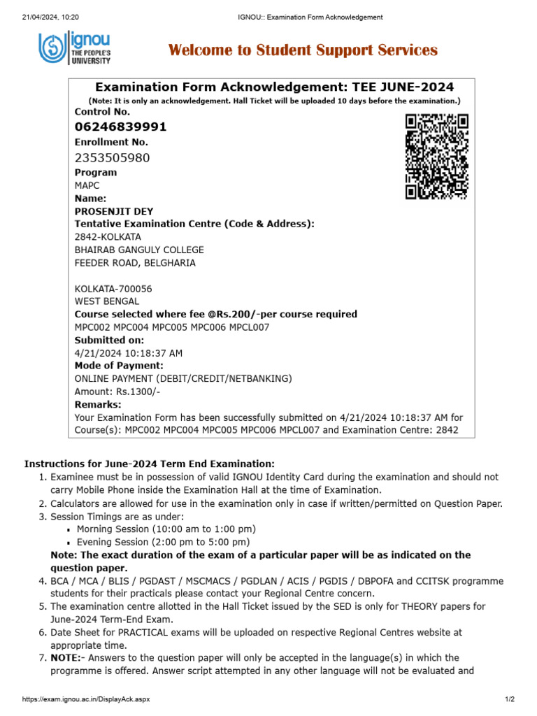 IGNOU June 2024 Exam Form Acknowledgement | PDF | Banking Technology ...