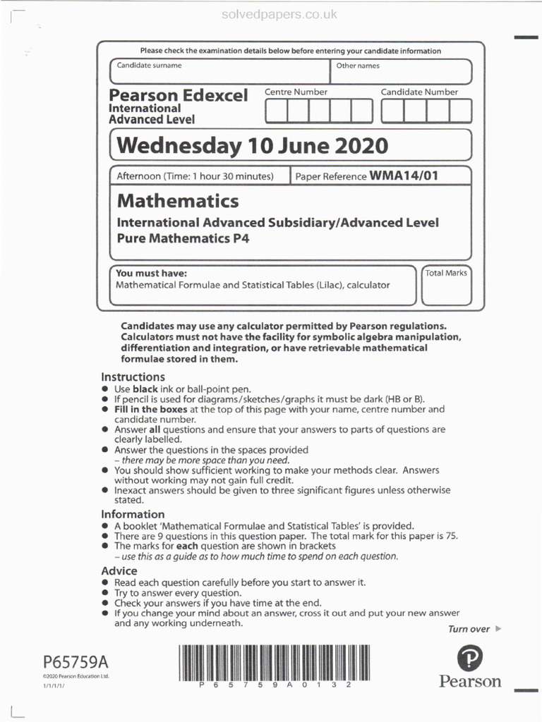 Edexcel IAL June 2020 P4 (Solvedpapers) | PDF