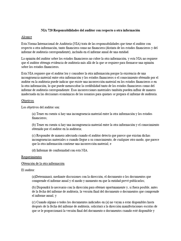 Nia 720 | PDF | Contralor | Auditoría