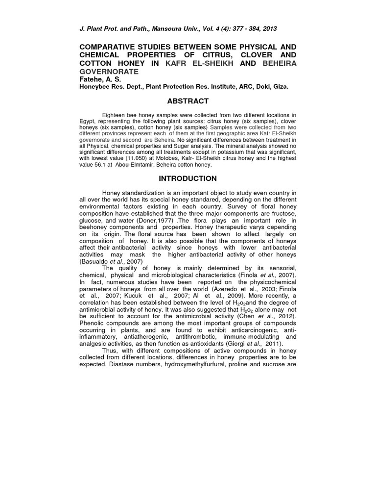Honey Properties in Kafr El-Sheikh & Beheira | PDF | Honey | Fructose