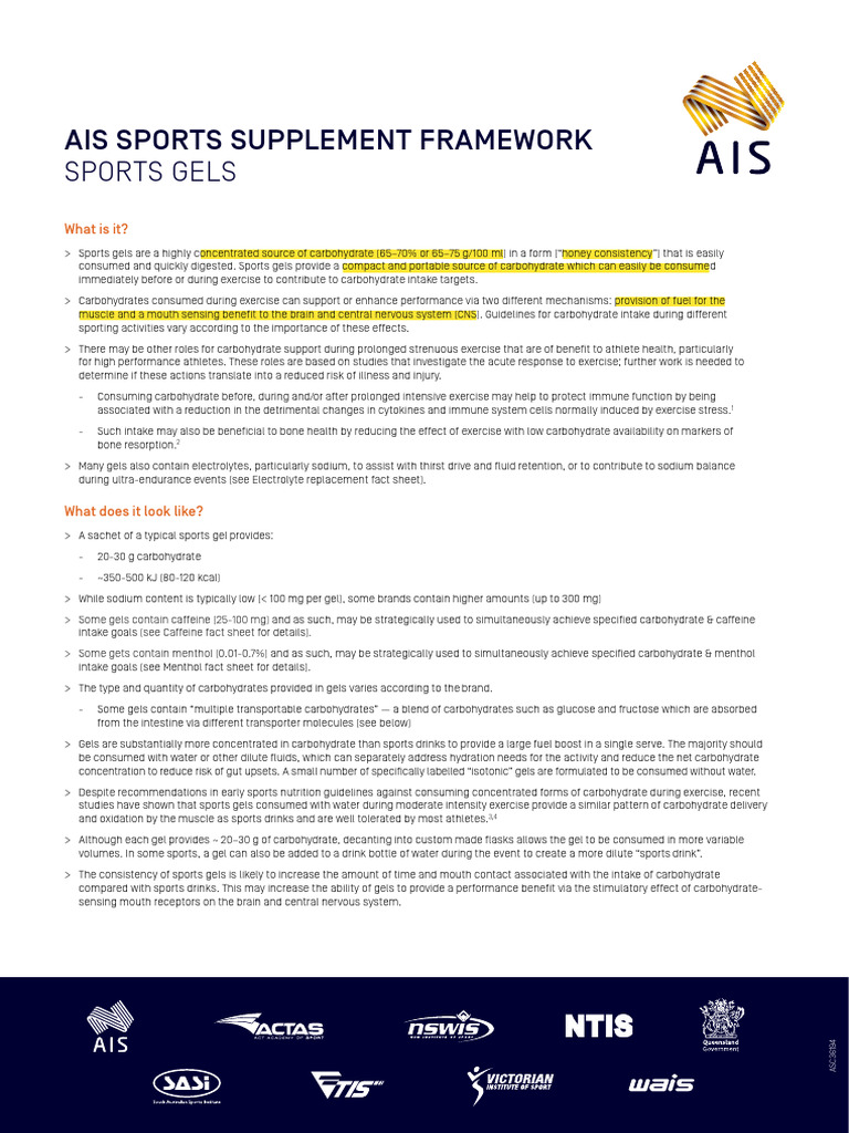 Sport Supplement Fact Sheets Sports Gels v5 | PDF | Carbohydrates | Glucose