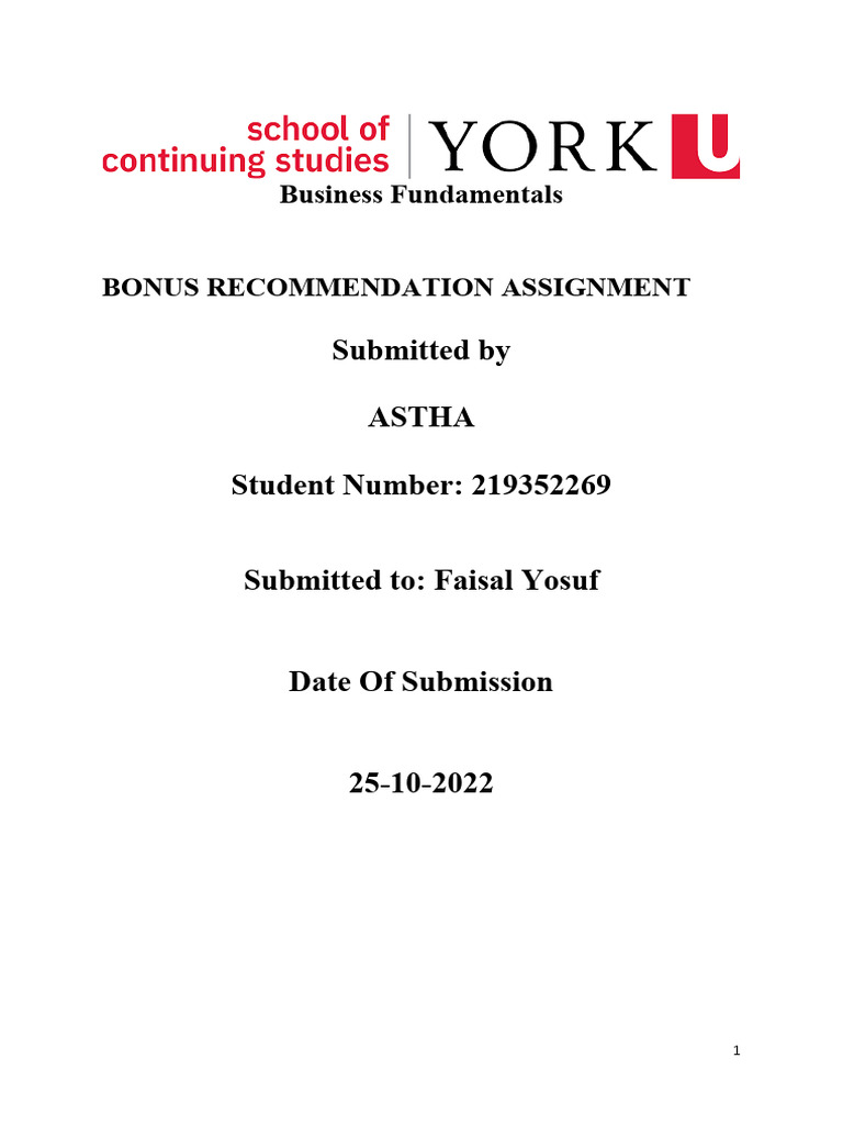 Assignment #3 Astha - Deliverable D - Bonus Recommendation - Part 1 219352269 | PDF