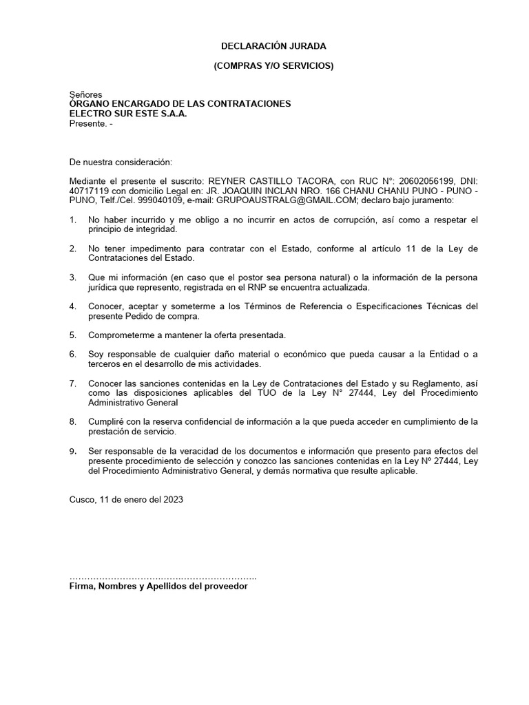 DECLARACION JURADA reyner | PDF DECLARACION JURADA reyner | PDF