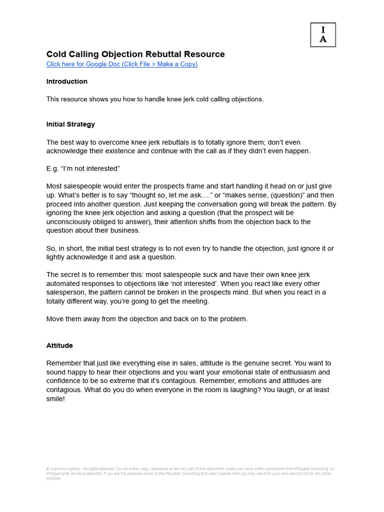 6 - Cold - Calling - Objection - Rebuttal - Resource | PDF | Sales