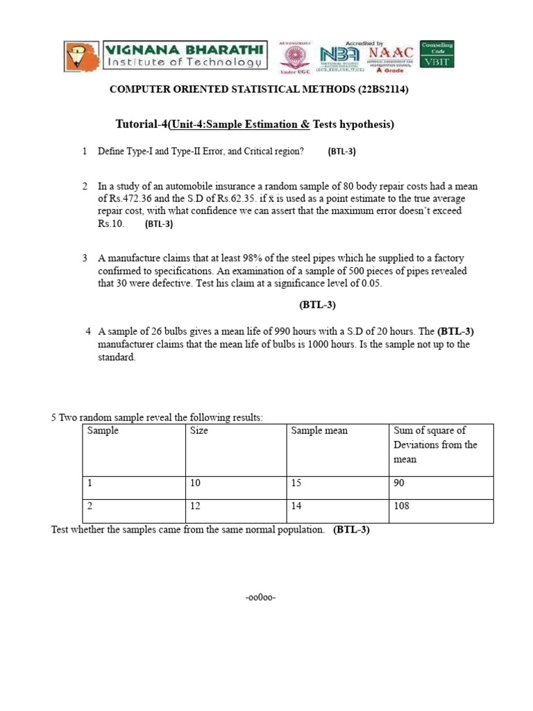Statistical Methods: Estimation & Hypothesis Testing | PDF | Teaching ...