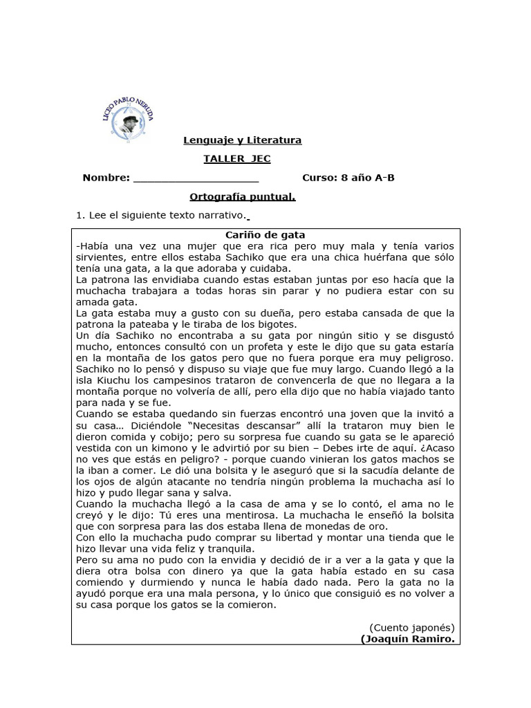 Ortografìa Puntual Lenguaje 8 Año A-B TALLER JEC | PDF | Puntuación | Símbolos tipográficos
