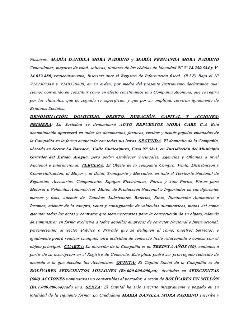 Acta constitutiva (venta de repuestos) | PDF | Documento de identidad | Compartir (Finanzas)