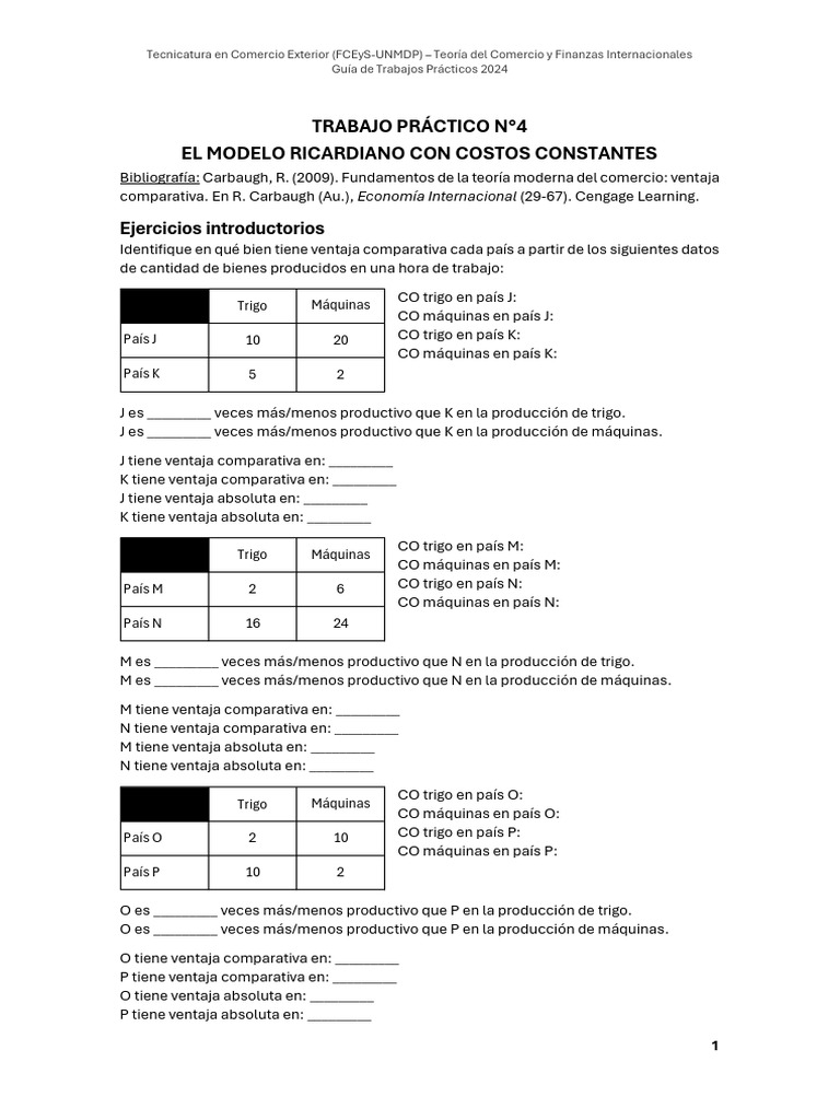 TP4 - El Modelo Ricardiano (2024) | PDF | Ventaja comparativa | Organización de Comercio Mundial