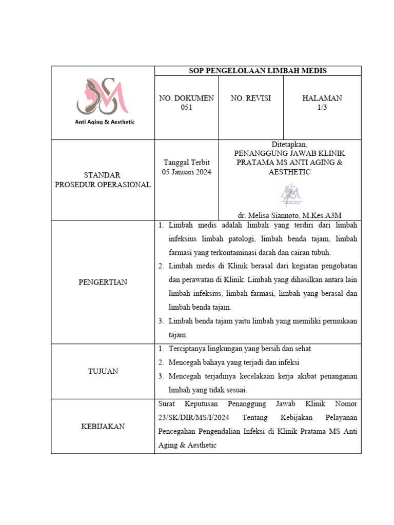Sop Pengelolaan Limbah Medis MS | PDF | Pengembangan Diri | Kesehatan Holistik